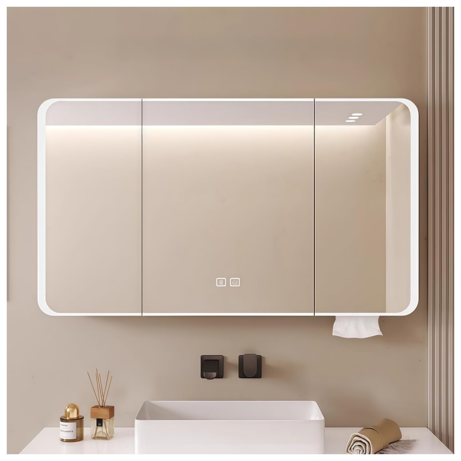 · 【クリアミラー】タッチセンサー式の曇り止めボタンで素早く曇りを除去。スマートミラーキャビネットは、いつでもあなたのグルーミングニーズを満たします。洗顔やスキンケアの邪魔にならず、クリアな鏡面反射を実現します。· 【無段階調光】革新的なL...