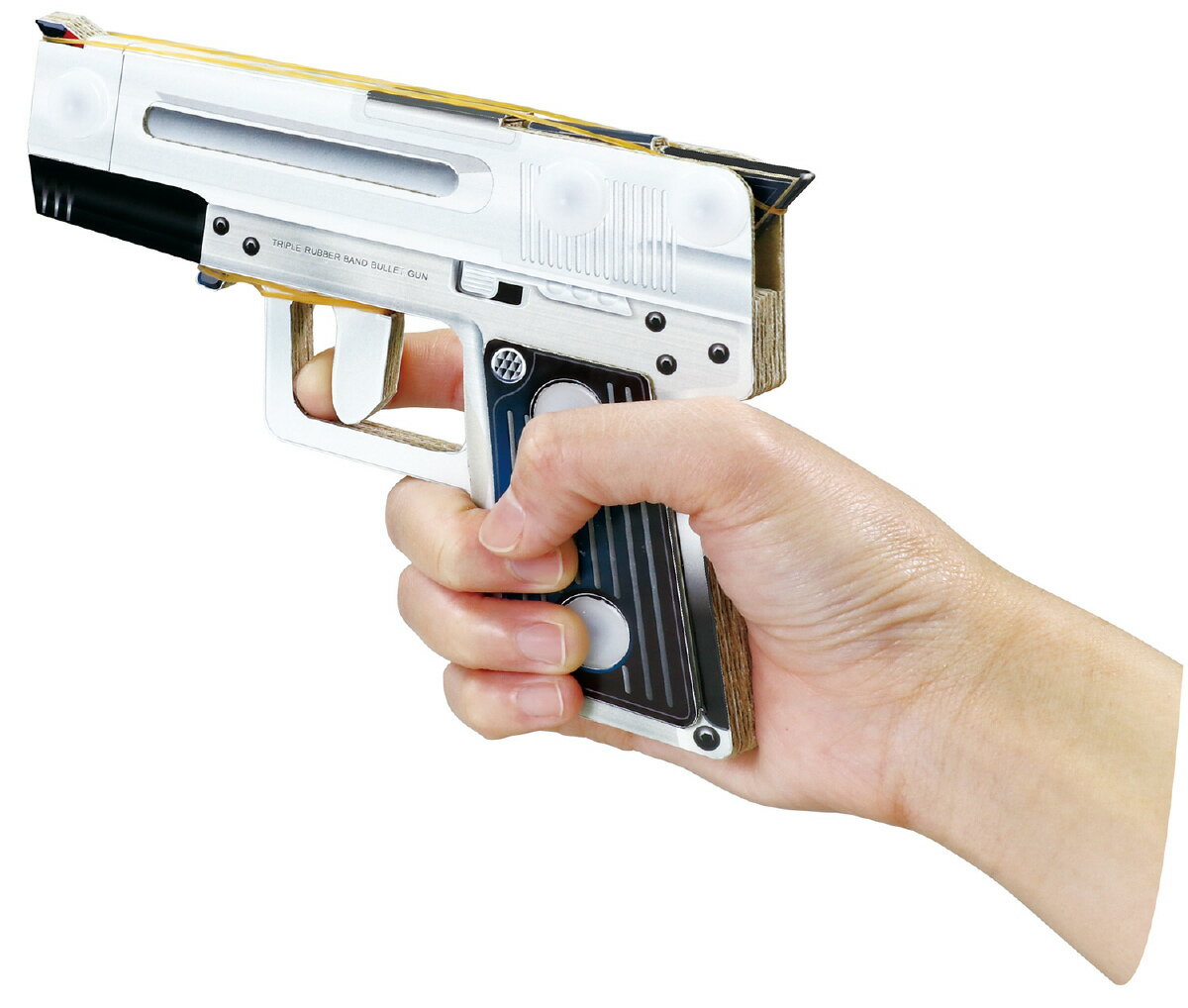 3連射の輪ゴム鉄砲がつくれる！※輪ゴムは付属の的以外に向けて発射しないでください商品サイズ（単位mm)：完成サイズ：180×120×15mm