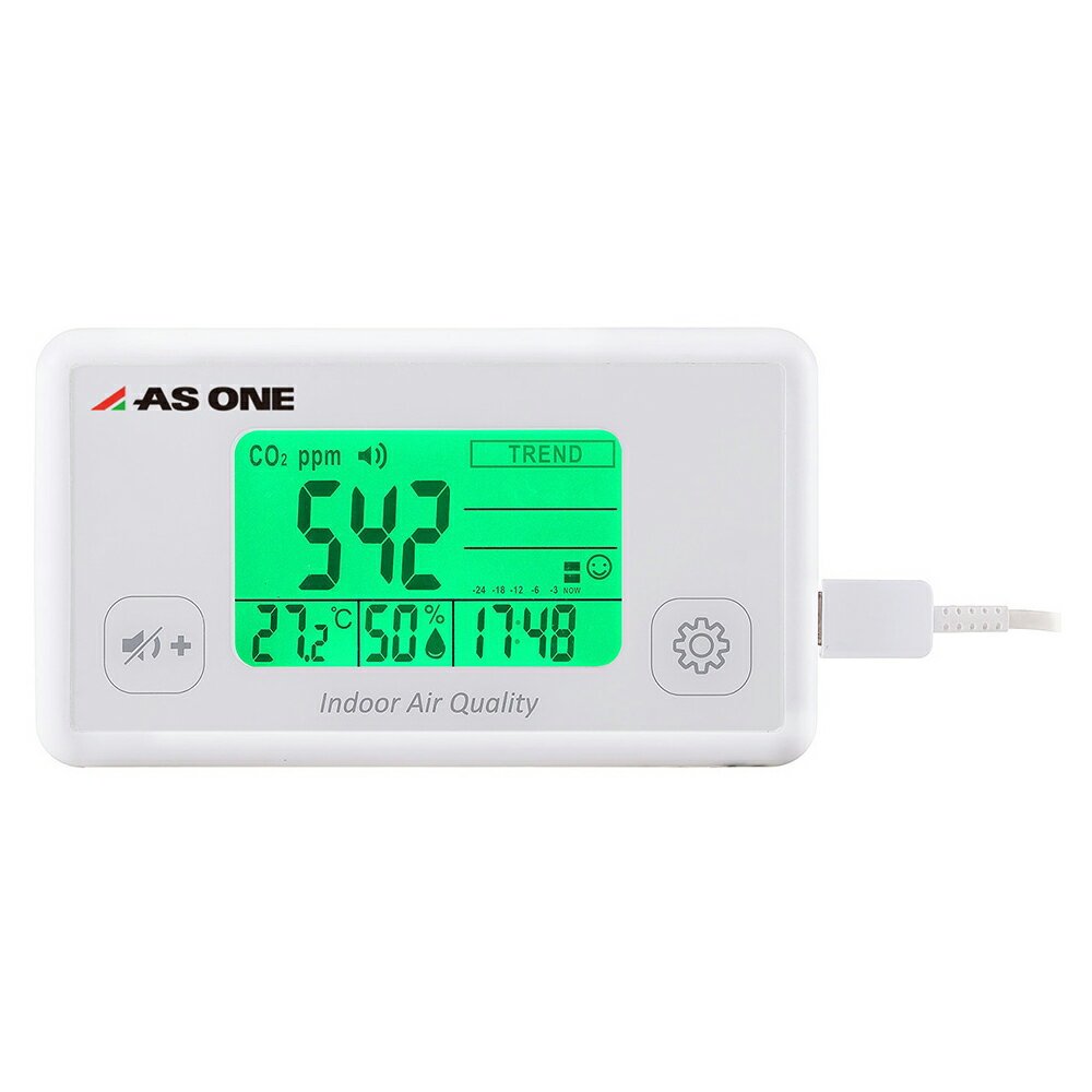 CO2モニター アズワン■特徴■●視認性の良い大型ディスプレイのCO2モニターです。●CO2濃度・温度・湿度が同時に確認できます。●CO2濃度に応じてディスプレイの色が変化するため、ひと目で換気の要否が判別できます。●直近24時間の時系列デ...