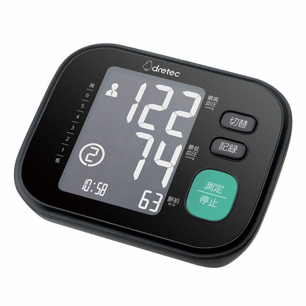 上腕式血圧計 ブラック BM-212BK ドリテック■特徴■●2人で使えるユーザー切り替え機能付で、測定結果をそれぞれ記憶（2人×60回）します。●見やすいバックライト付です。■仕様■●色：ブラック●幅×奥行×高さ（mm）：140×110×...