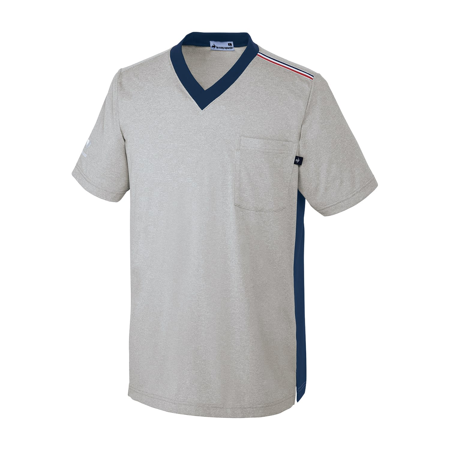 ユニセックス　VネックTシャツ EL ルコックスポルティフ明石スクールユニフォームカンパニーUZL3201-20(グレーモクXネイ●通気性がよく、軽くて動きやすいカジュアルに映えるVネックTシャツ。●サラッとした肌触りで、素肌に着ても快適です。