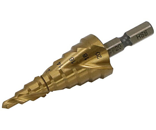 ●1本で9サイズの穴あけが可能です。●チップブレーカー機能付き！●用途：アルミ板・プラスチック・木材・不燃材等の穴あけ作業●六角軸小径から大径へと段階的に穴を大きくしていくため、穴あけ作業時のひっかかりや反動（ショック）、ビビリが少なく、ス...