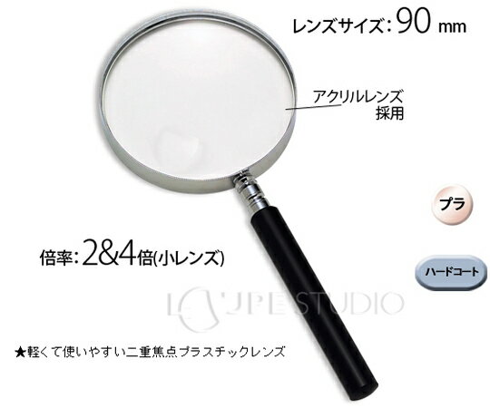 ●アクリル製レンズ90mm。倍率2倍●レンズサイズ：直径90mm●倍率：2倍（小レンズ4倍）●重さ：102g●商品サイズ：210（縦）×90（横）×13（高さ）mm●箱サイズ：211（縦）×94（横）×17（高さ）mm●レンズ：アクリルレン...