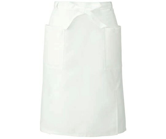 ●退色防止加工。●使いやすい腰下エプロン、ミドル丈、ホワイト色。●素材：ツイル、ポリエステル100％