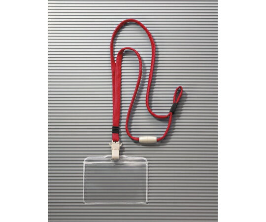 ●製品寸法　その他：●0.3mm厚●色：レッド●平ひも・ソフトタイプ●有効内寸法：60×95mm●ペットボトル再生繊維ストラップ1m（N-12P）付●セパレートパーツ・長さ調整パーツ・固定クリップ付●ストラップ着脱機構付●コード番号：29517