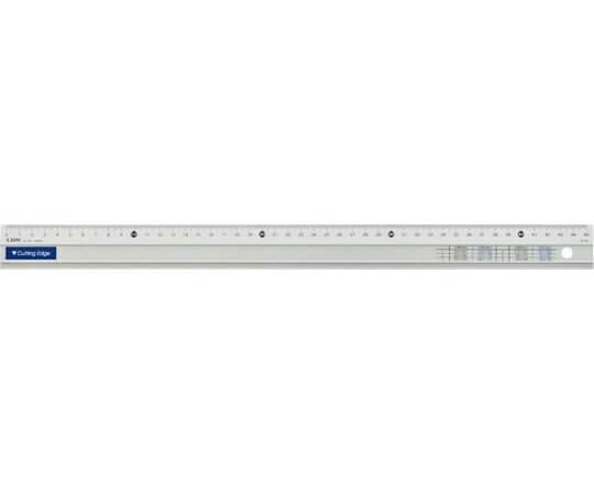 ●シリーズ名：カッティング定規●製品寸法　幅（W）：460●製品寸法　奥行（D）：35●製品寸法　高さ（H）：5●アルミカッティング定規●すべり止め　カッティングエッジ　ミゾ付●目盛：45cm●コード番号：27161