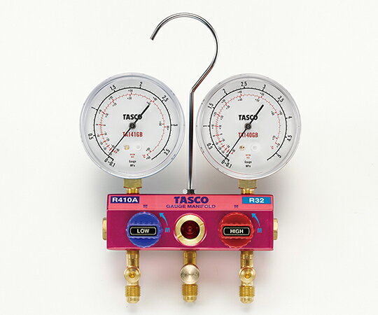●R410A/R32用ボールバルブ式マニホールド●マニホールド●▼ゲージ取付ネジ：1/8″NPT●▼ホース接続ポート：5/16″フレア（TA122GB）（TA122GBH）●連成計・圧力計：-0.1〜3.8MPa（TA141GB）●連成計・...