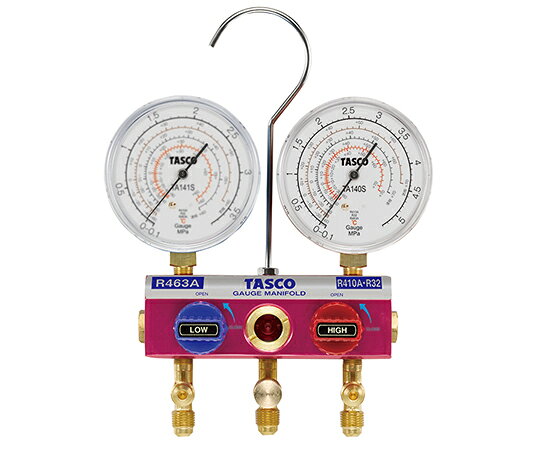 ●R463A-J/R410A/R32用ボールバルブ式マニホールド●連成計・圧力計：-0.1〜3.8MPa（TA141S）●連成計・圧力計：-0.1〜5.3MPa（TA140S）●チャージホース：150cm（赤・青・黄）（TA133AF）