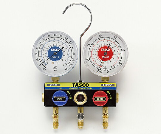 ●R22/R12/R502用ボールバルブ式マニホールド●マニホールド●▼ゲージ取付ネジ：1/8″NPT●▼ホース接続ポート：1/4″フレア（TA120W）（TA120WH）●連成計・圧力計：-0.1〜3.5MPa（TA141B-1）●連成計...