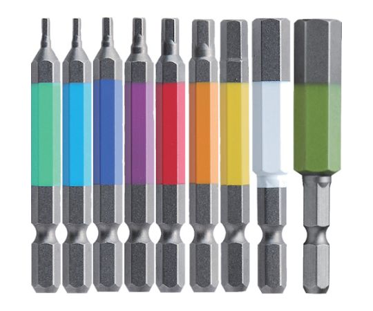 ●サイズを色で識別できます。●電動ドライバー装着時に塗装部分が邪魔にならない両端部非塗装です。●六角穴付きネジ、六角穴付きボルト回しに。■仕様●全長（mm）：65●セット内容：ACHX-1565、2065、2565、3065、4065、50...