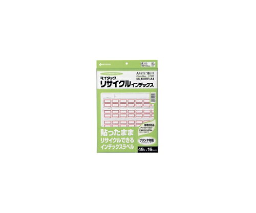 ●1P入数（片）：16シート（784片）●ラベルサイズ：縦27×横34mm●白色度：70％●材質：ラベル=古紙100％使用，はく離紙=ノンポリラミ紙●本体色：赤枠