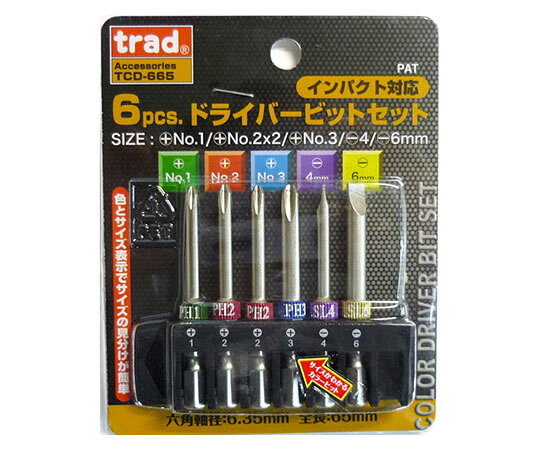 ●色とサイズ表示でサイズの見分けが簡単。●インパクトドライバー対応■仕様●全長：65mm●六角軸径：6.35mm●セット内容：65mm片頭ビットNo1(1本)、65mm片頭ビットNo2(2本)、65mm片頭ビットNo3(1本)、65mm片頭...