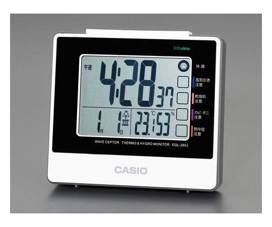 ■仕様●電波受信機能●周波数：40kHz/60kHz自動選局●機能：電子音アラーム、スヌーズ、カレンダー、温湿度表示、生活環境お知らせ、LEDライト(残照機能付)●電源：単3電池×2本(付属)●サイズ：115(W)×50(D)×104(H)mm