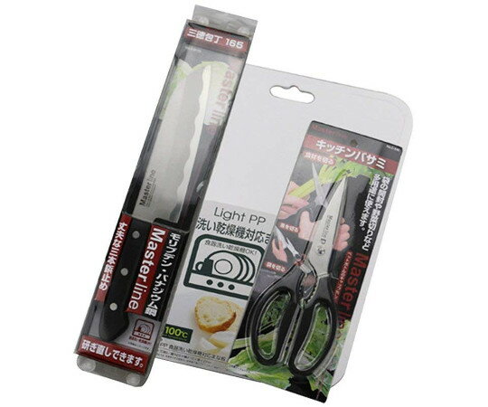 ●包丁・キッチンバサミ・まな板の3点セットです。●使用頻度の高い調理道具をセットにしました。■仕様●材質：包丁・刃身/ステンレス鋼（モリブデンバナジウム含有）、ハンドル/ポリアセタール樹脂（耐熱温度110度）、ハサミ・金属部/ステンレス鋼、...