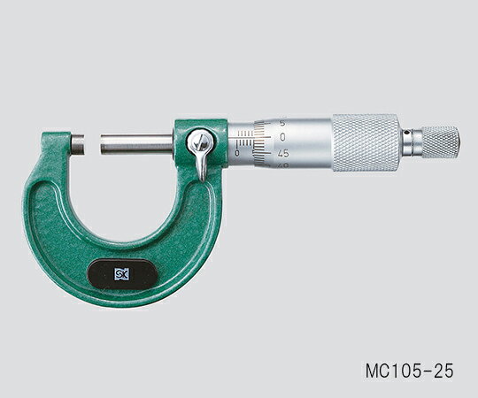 ●測定面は超硬チップ付きです。●型番：MC105-25●測定範囲（mm）：0〜25●最大許容誤差（μm）：4●重量（g）：150●材質：フレーム／球状黒鉛鋳鉄、スピンドル／高炭素クロム軸受鋼●最小読取値：0.01mm●定圧装置付き