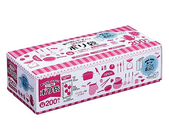 ●取り出し口が選べて収納に便利なキッチン用ポリ袋。エンボス加工つきで開きやすい。食品保存やゴミ処理に。●袋寸法：（ヨコ200+マチ50）×タテ350mm●箱寸法：タテ95×ヨコ220xオク65mm●材質：ポリエチレン●耐冷温度／-30℃●食...