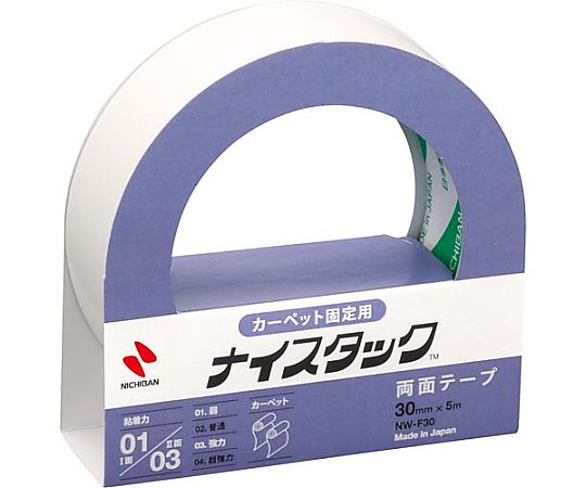 ●カーペット固定に最適な両面テープ。カーペットだけでなく、人工芝や玄関・台所などの小型マットの固定に。●テープ寸法：幅30mm×長さ5m●材質：基材：布、粘着剤：弱粘着面（緑）アクリル系、強粘着面（ベージュ）ゴム系●粘着力：片面弱・片面強●...