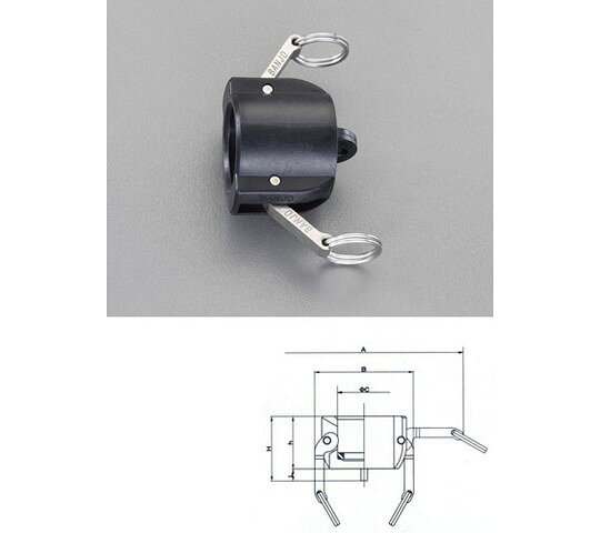 ●材質：ポリプロピレン●耐圧：0.69MPa（7kgf/cm2）●呼び径：25（1”）●ねじサイズ：PT1”●サイズ(mm)：A：125、B：65、直径C：37、L：14、h：46、H：60●重量：210g●コード品番：EA462BV-8