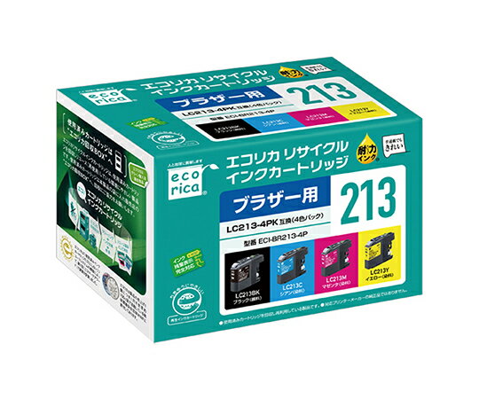 エレコム エコリカ　リサイクルインクカートリッジ 1個●対応カートリッジ：ブラザー　LC213-4PK●カラー：顔料ブラック、シアン、マゼンタ、イエロー、染料●対応機種：MFC-J4720N、MFC-J4725N、MFC-J5620CDW、...