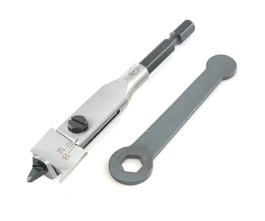 ●14.4Vインパクトドライバー対応商品です。●木工・ボード用先端工具。●可変式穴あけ工具です。●先端が三角錐仕様なので、止め穴、貫通穴あけに最適です。●穴あけサイズが付属のスパナ・六角レンチで調整できます。●替刃式です。●穴あけ径：20m...