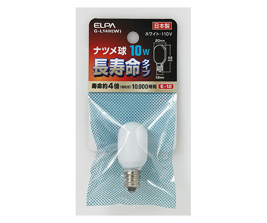 ●長寿命タイプ。寿命約4倍(当社比)。●小形・低ワットで長寿命設計の電球。常夜灯、装飾用に適しています。●定格電圧：110V●定格消費電力：10W●定格寿命：約10,000時間●本体サイズ：全長48×バルブ径20(mm)●口金：E12●入数...