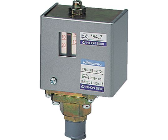 日本精器 圧力スイッチ 設定圧力0.5〜2.0MPa BN-1252-10 1台●接点容量が大きく構造が簡単です。●設定圧力になると信号を出します。●設定圧力（MPa）：0.5〜2.0●接続口径：R3/8●使用圧力（MPa）：0〜2.0●耐...