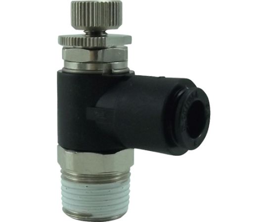 千代田通商 ファイブスピードコントローラα　メーターアウト8mm・R3/8 F8R-03SC-O 1個●ニードル弁の回転数が多いので、滑らかな速度制御が可能。●難燃性PBT樹脂を標準採用し、溶接環境での事故を防止。●軽量化・低コストを実現。...