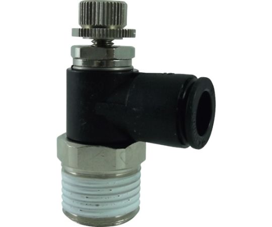 千代田通商 ファイブスピードコントローラα　メーターアウト10mm・R1/2 F10R-04SC-O 1個●ニードル弁の回転数が多いので、滑らかな速度制御が可能。●難燃性PBT樹脂を標準採用し、溶接環境での事故を防止。●軽量化・低コストを実...