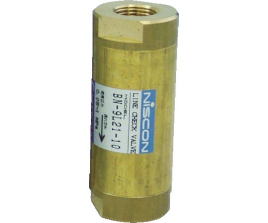 日本精器 ラインチェック弁　10A BN-9L21-10 1個●有効断面積が大きいねじこみタイプの逆止弁です。●エアの逆流を防ぎます。●有効断面積（mm2）：60●接続口径：Rc3/8●使用流体：空気●幅（mm）：32●奥行（mm）：32●...