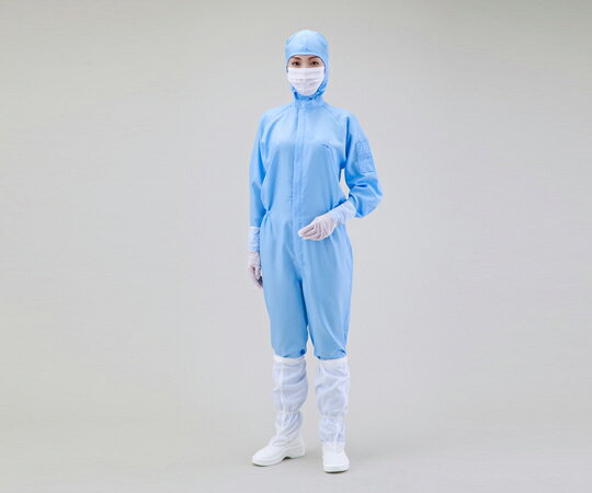 無塵衣・AS197C　フード付きツナギ服　青　5L アズワン■特徴■●フード一体型のツナギ服です。■仕様■●色：ブルー●サイズ：5L●総丈（cm）：192●バスト（cm）：136●ウエスト（cm）：96〜126●裄丈（cm）：96●股下（c...