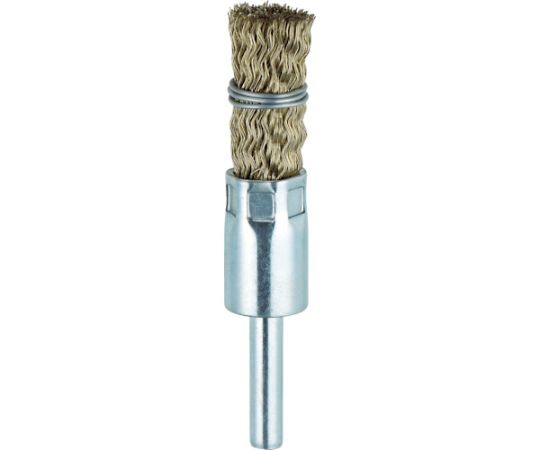トラスコ中山 筒型ブラシΦ15X軸6　真鍮メッキ0.25　くくりタイプ TEB-15G 1本●汎用電動工具用の筒型ブラシです。●線材の中央を針金で縛っているため、回転時に線材が広がりにくくなっています。●底部・コーナー部などせまい箇所の研磨...