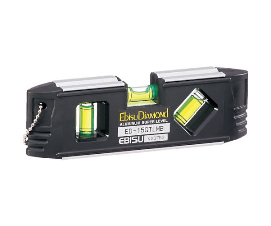エビス（水平器） G-トレンディーレベル　ブラック ED-15GTLMB 1個●超強力磁石付で鉄骨工事に便利です。●測定基準面にV溝付でパイプなどが測定できます。●蓄光付で明るい所で光を蓄積して暗い所で数分間発光します。●大型フック穴付です...
