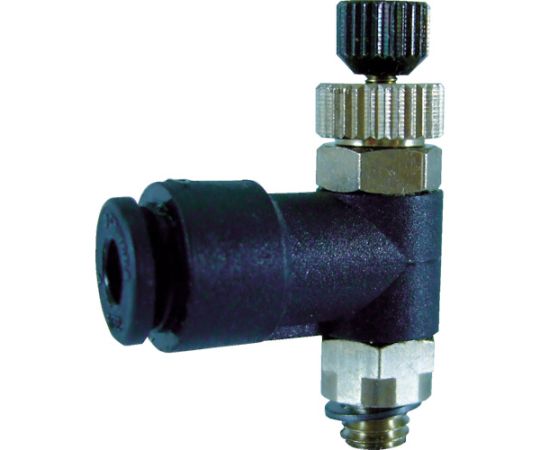 千代田通商 ファイブミニスピードコントローラαメーターイン4mm・M5×0.8 FM4R-M5-I 1個●低流量制御が容易です。●ニードル弁の回転数が多いので、滑らかな速度制御が可能です。●難燃性PBT樹脂を標準採用し、溶接環境での事故を防...