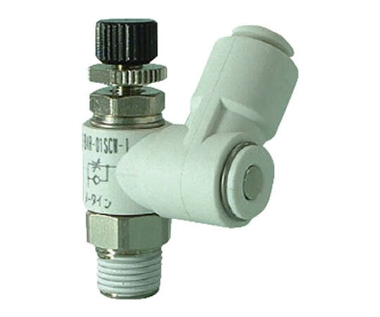 千代田通商 ファイブスピードコントローラβ　白　メーターイン　6mm・R1／4 FB6R02SCWI 1個●取り出し口が3次元方向に動きます。●ホワイトボディです。●ニードル弁の回転数が多いので、滑らかな速度制御が可能です。●軽量化・低コス...