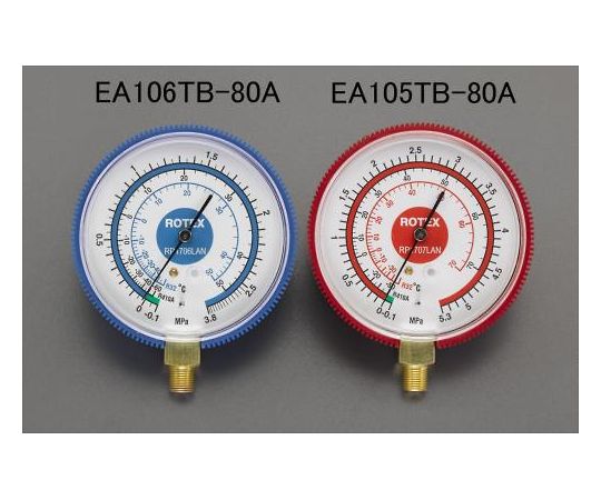 エスコ 圧力計 φ80mm [R32・R410A] EA106TB-80A 1個●ゲージ径：直径80mm●取付ねじ：1/8"NPT●ゼロ調整ねじ付●ラバー製カバーで衝撃を吸収●R32冷媒飽和温度目盛付●仕様：低圧用●圧力範囲：-0.1〜3....