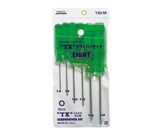 エイト TXドライバー ビニールポーチ入 6本セット T6〜T25 TXDS6 1セット●ハンドルには手触りが良く衝撃に強い高級アセテート樹脂を使用しています。●ISO・JIS規格の「ねじ部品用ヘクサロビュラ穴」に基づき設計・製作され、市販...