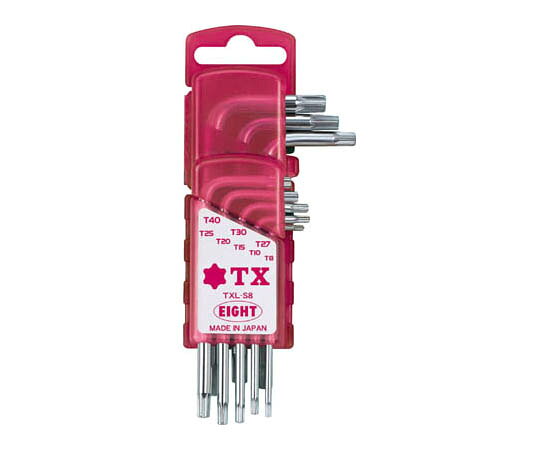 エイト TXレンチ 標準寸法 ドアホルダー 8本セット T8〜T40 TXLS8 1セット●ISO・JIS規格の「ねじ部品用ヘクサロビュラ穴」に基づき設計・製作され、市販のトルクス・ヘックスロブ・LHスティックス等の穴付ねじに適合します。●...
