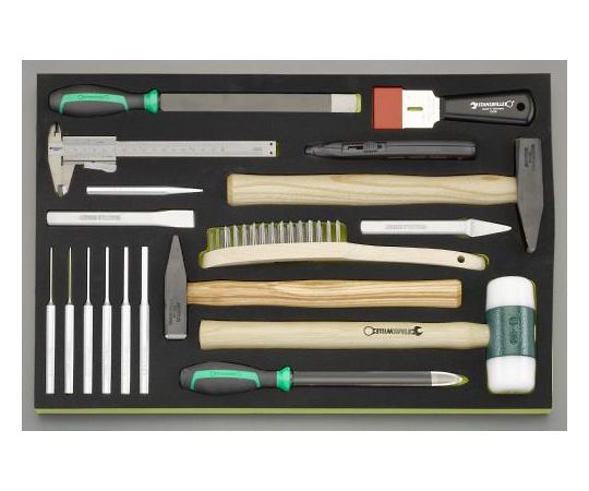 エスコ 工具セット　18個組 EA612TC-8 1セット●＜セット内容＞：18点●トレーサイズ：530×350×55（H）mm●ナイロンハンマー：φ50×340mm　（重量：900g）●先切ハンマー：300mm・320mm●センターポンチ...
