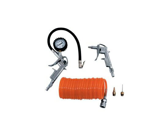 新潟精機（SK） エアツール5点セット DAT-5S 1セット●清掃作業、自動車のタイヤの空気圧測定や調整、各種空気入れ作業に。●お得なエアツール5点セットです。●適応流体：空気●最高使用圧力（MPa）：0.98（エアダスタ）、0.58（コ...