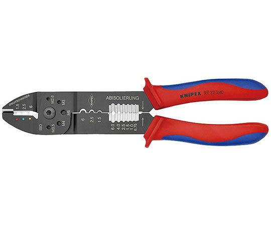KNIPEX クリンピングプライヤー（SB） 9732-240SB 1本●ケーブルの切断・ワイヤーのストリッピング（皮むき）・絶縁端子の圧着が行えます。●M2.6・3・3.5・4・5の銅および真鍮製のねじを切断することができる穴が空いていま...