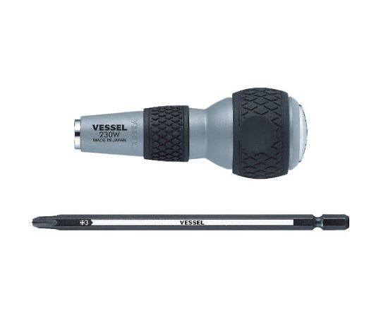 ベッセル ボールグリップ差替貫通ドライバー No.230W-3（+3） 230W-3 1セット●ビット（対辺6.35mm）を交換できる貫通ドライバーです。●25mm径の大型ナットを使用しているので、ハンマーで叩きやすいです。●付属の替ビット...