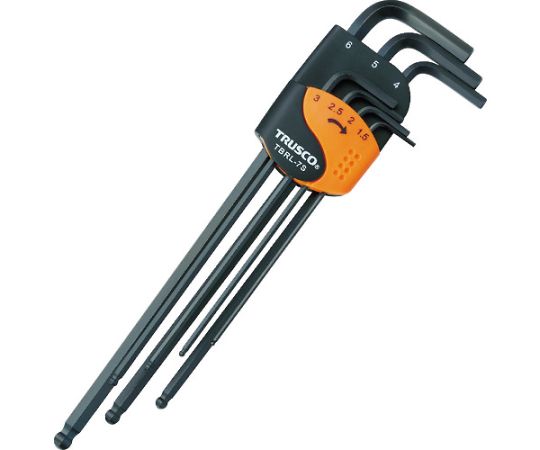 トラスコ中山 ボールポイント六角棒レンチセット　ロングタイプ　7本組 TBRL-7S 1セット(7本入)●ホルダが回転でき、各サイズの六角棒レンチの出し入れがしやすいです。●硬度はHRC52〜56です。●セット内容（mm）：1.5、2、2....