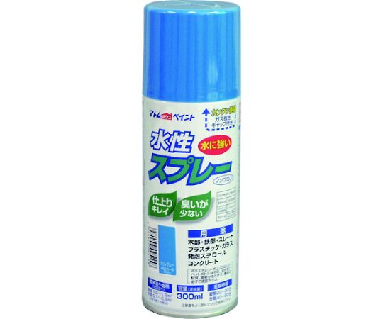 アトムサポート 水性スプレー 300mL マリンブルー 00001-09515 1本●霧が細かいので、誰でも綺麗に塗装ができます。●指が疲れにくい、軽いタッチのプッシュボタンです。●乾いた塗膜は水に強く、落ちません。●鉄部、木部、コンクリー...