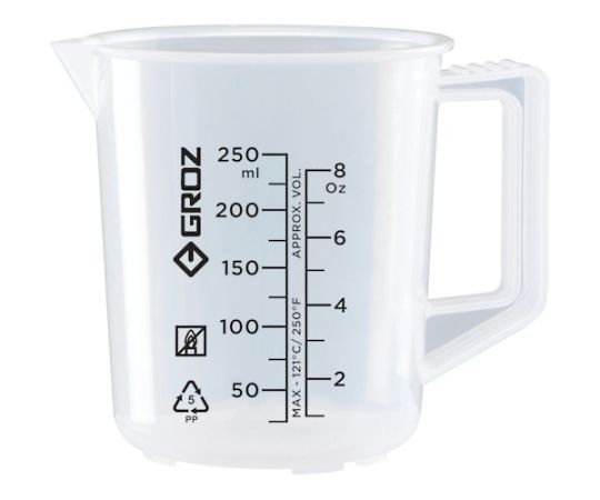 GROZ オイル用ビーカー 250mL JUG/250G 1個●産業、自動車、DIYアプリケーションに適しています。●高い光学的な透明度です。●人間工学に基づいたグリップを備えた丈夫で頑丈なハンドルで、便利に使用できます。●酸、塩基、化学薬...