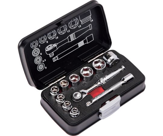 スエカゲツール（Pro-Auto） 1/4DR.11PCスタビーラチェット＆ソケットセット PA2011 1セット●コンパクトで持ち運びにも便利なソケットセットです。●タフで使い勝手のいい樹脂成軽量ケースにレンチ類をきっちり収納可能です。●...