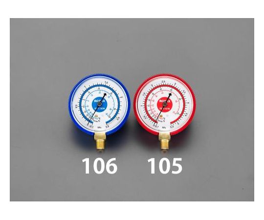 エスコ 連成計　[R32・R410A]　φ68mm EA106AB-1 1個●ゲージ径：φ68●圧力範囲：-0.1〜3.8MPa●接続ポート径：1/8"NPT●適用冷媒種：R32・R410A●R32・R410A冷媒飽和温度目盛付●低圧側ゲージ