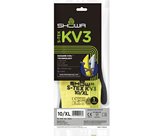ショーワグローブ S-TEX KV3 XLサイズ S-TEX KV3-XL 1個●ステンレスワイヤー糸とアラミド繊維（ケブラー?）を採用しています。●天然ゴムを手のひらにコーティングした、通気性に優れた背抜き手袋です。●手首部分までカバーで...
