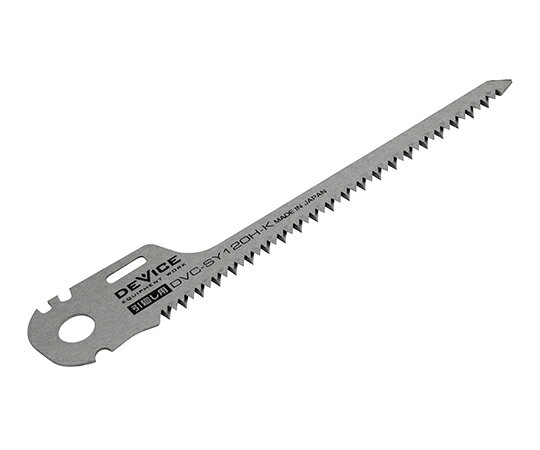 藤原産業 Dサヤ付鋸 120引廻用 替刃 DVC-SYB120H 1個●DEVICE引回し鋸用の替刃です。●石膏ボードのくり抜きや、一般木材・ベニヤなどの切断も可能です。●刃部：クリア塗装仕上げ●板厚：0.9mm●刃数（寸）：12枚目