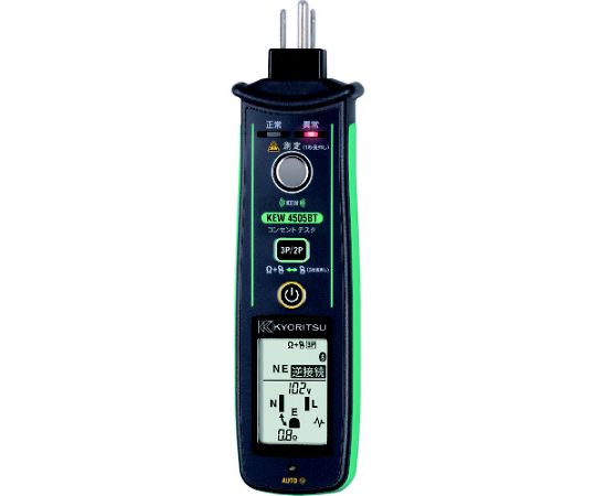 共立電気計器 コンセントテスタ（Bluetooth搭載） KEW4505BT 1台●コンセントに挿し込み、測定ボタンを押すだけの簡単操作で、瞬時にコンセントの極性判定が可能です。●TT接地に加え専用注入器（別売）との併用でTN接地の測定も可...