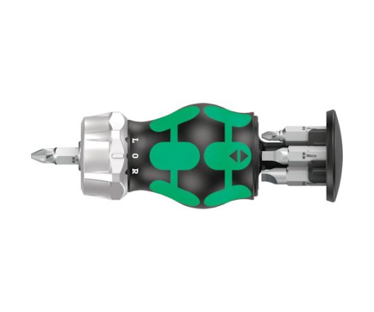 Wera スタビ差替式ラチェットドライバー RA4 008886 1セット(6本入)●人間工学に基づいて設計されたハンドルにより手に馴染みます。●ラチェット機能は送り角8°です。●小型ハンドルにより作業、収納スペースの削減を実現します。●回...
